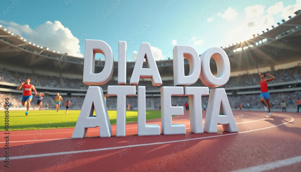 Imagem do "Dia do Atleta" com letras grandes na pista de atletismo ...