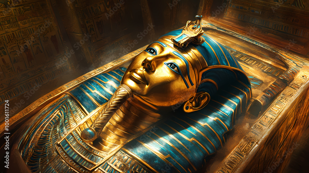Ancient egyptian tomb with gold mask of pharaoh, fiction view, luxury ...