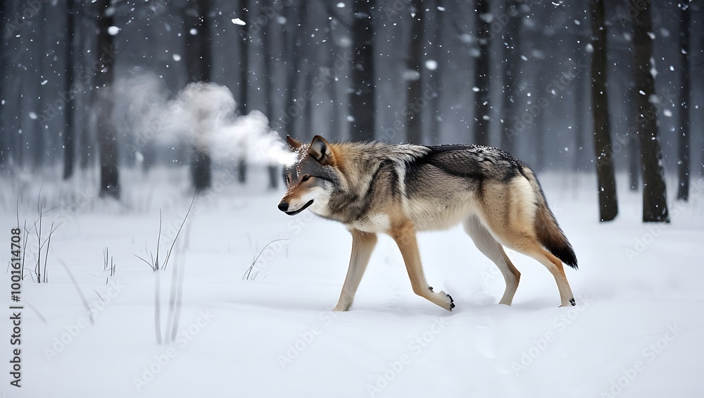 In this captivating scene, a lone wolf makes its way through a snow ...