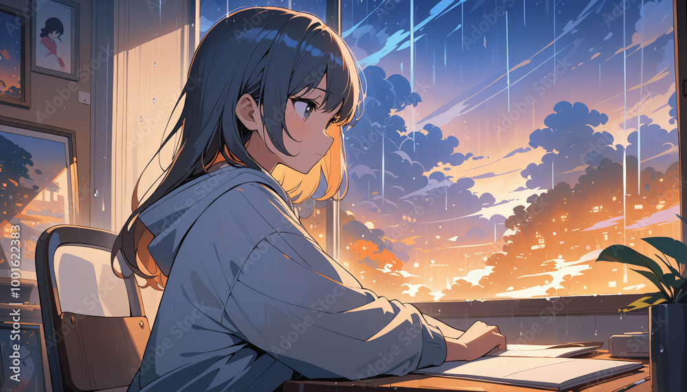 A peaceful, anime-inspired scene young girl at her desk, enveloped in ...