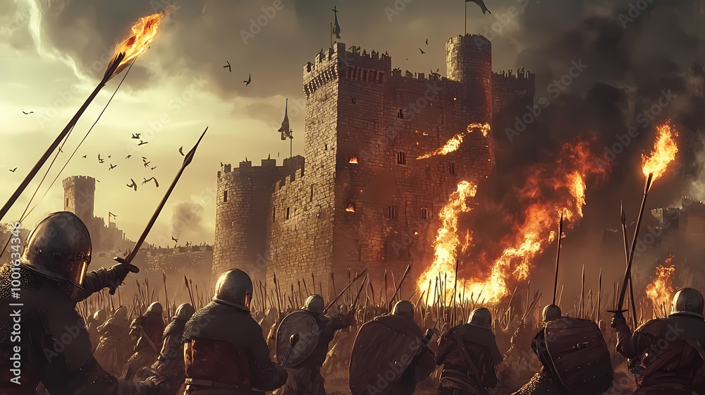 Medieval castle under siege, soldiers attack with flaming arrows ...