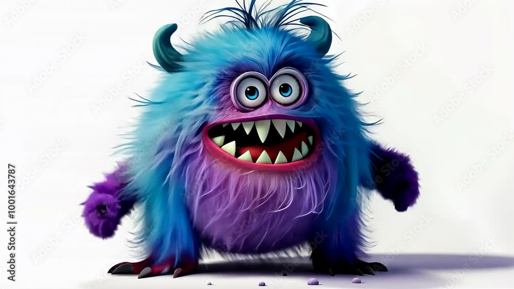 A furry blue and purple monster with horns and sharp teeth grins ...