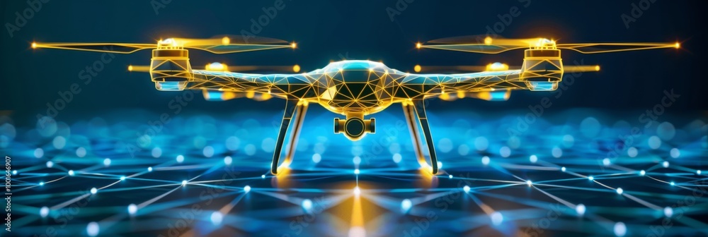 Advanced Aerial Technology Concept, digital high tech gold drone in low ...