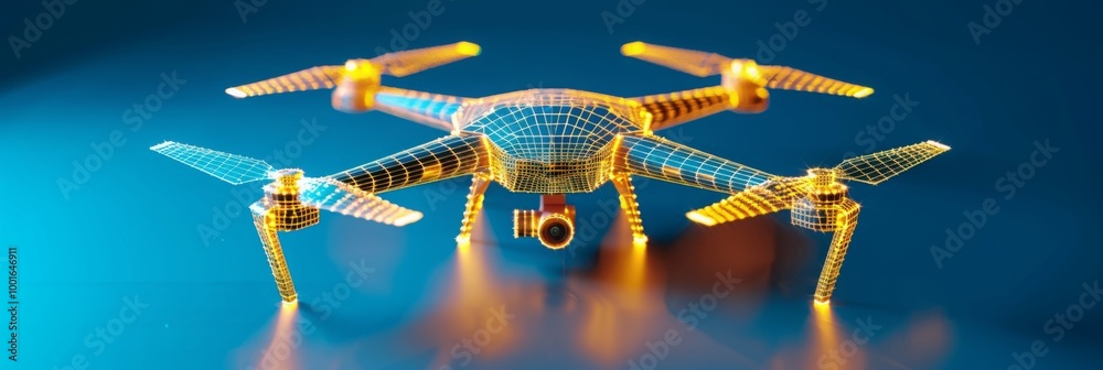 Advanced Aerial Technology Concept, digital high tech gold drone in low ...