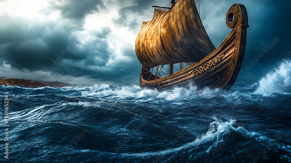 Viking ship. drakkar. viking ship sailing in storm at sea. viking boat ...