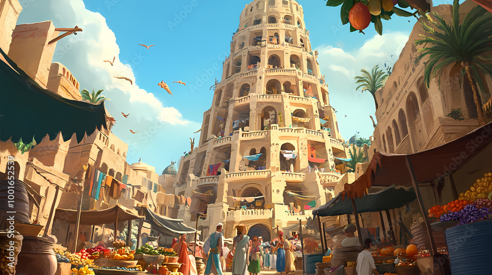 Visualize a colorful cartoon image showcasing the tower of babel ...