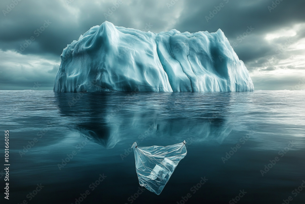 iceberg and submerged plastic bag ocean pollution concept environmental ...