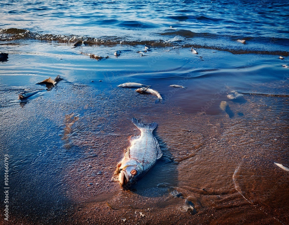 dead fish washing ashore and sea lake water pollution with dead fish ...