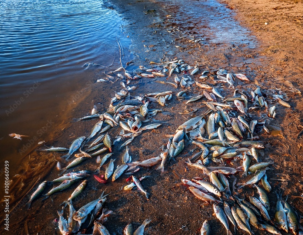 dead fish washing ashore and sea lake water pollution with dead fish ...