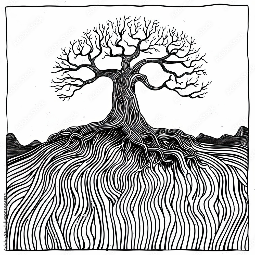 A tree without leaves and with branching roots running deeply in all ...