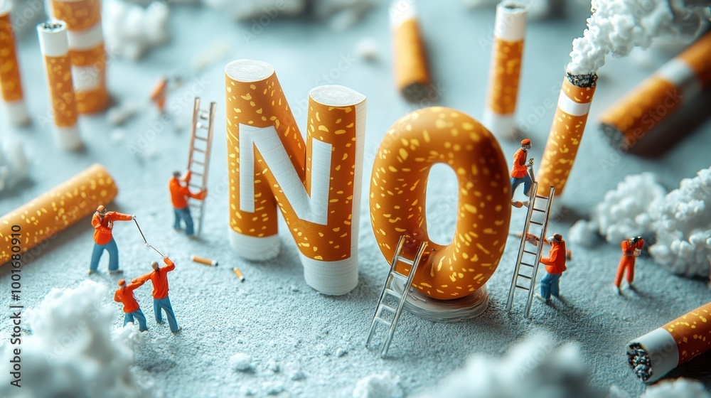 A creative depiction of miniature figures engaging with oversized NO ...