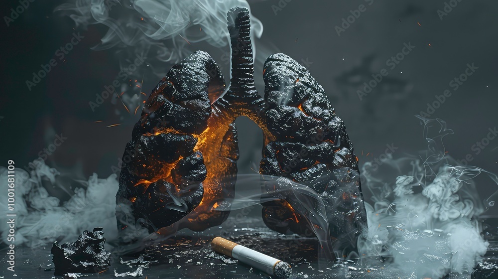 A rendering of lungs burned and charred, with a cigarette and smoke ...