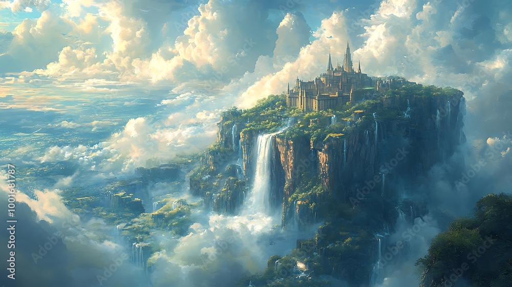 Fantasy Sky City with Waterfall and Clouds, Digital Painting Stock ...