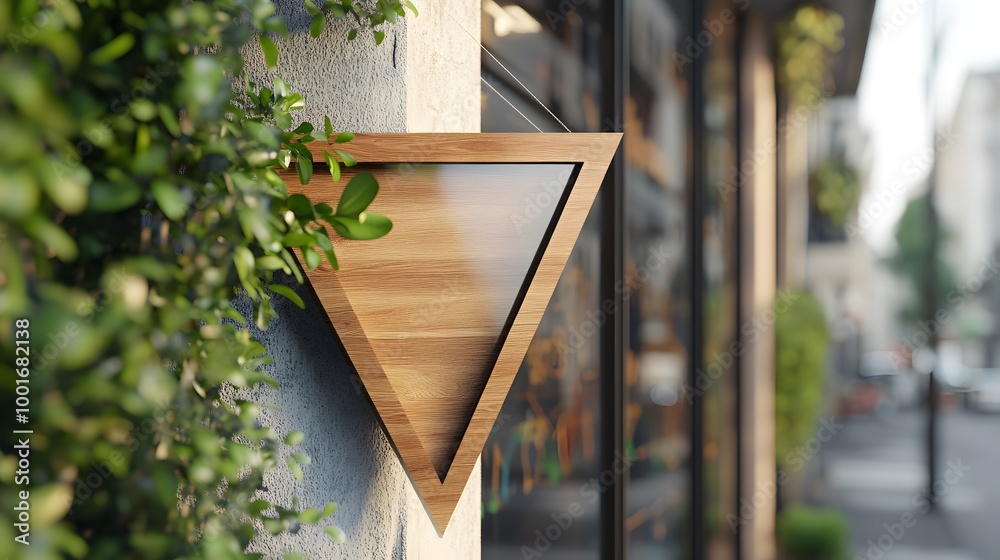 Wooden triangular sign hanging on a wall, surrounded by greenery ...