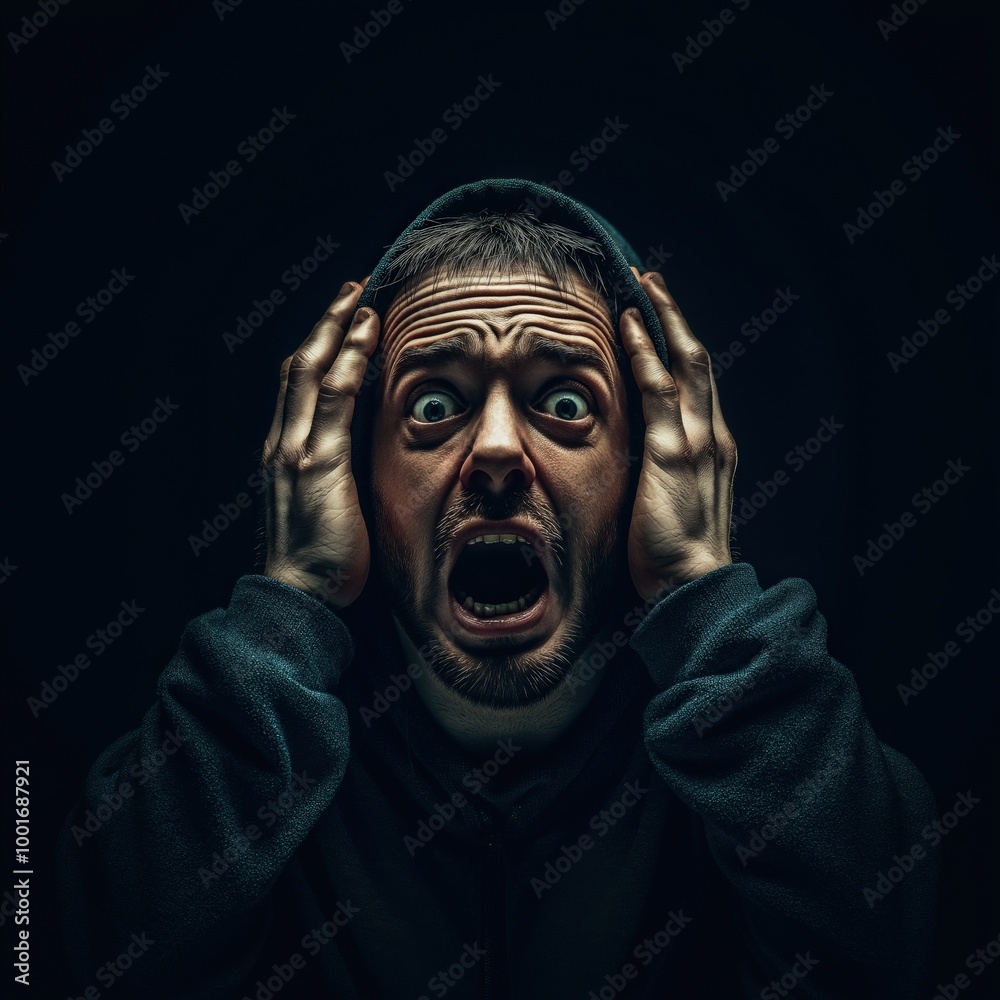 Terrified man with hands on head and wide eyes in a dark setting Stock ...