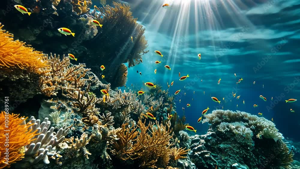 Vibrant coral reef scene underwater, with colorful fish swimming in ...