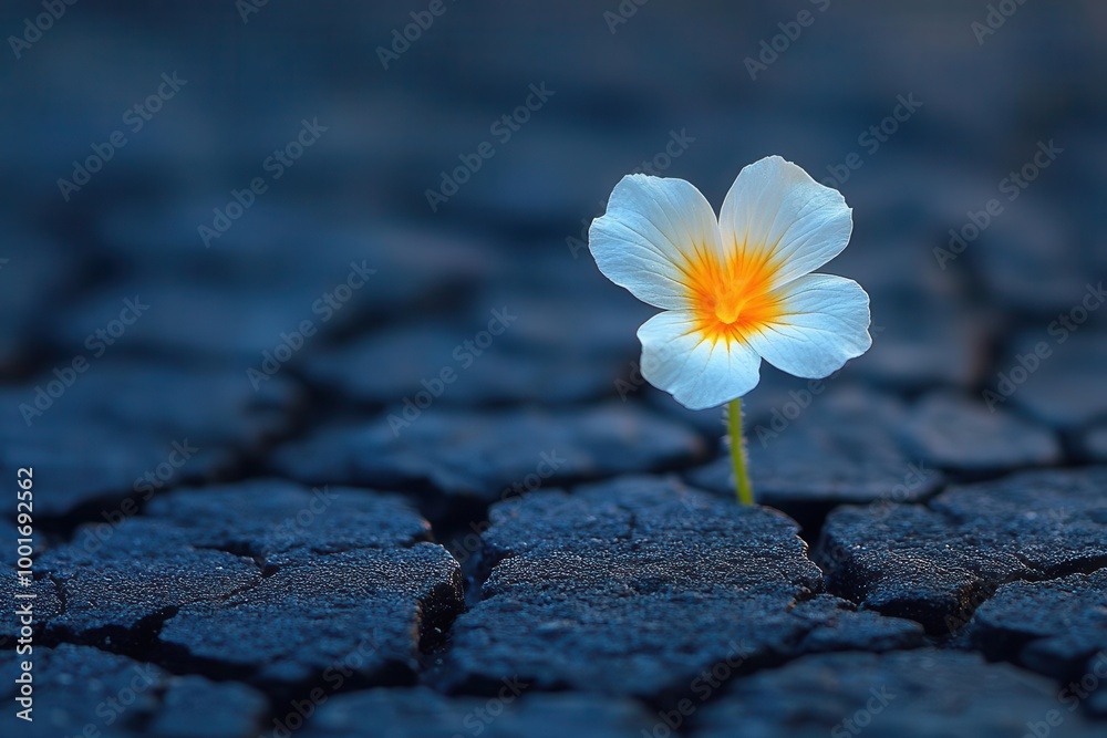 delicate tiny flower flourishing on a cracked street pavement ...