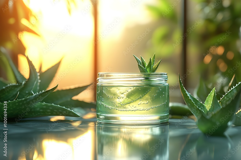 A jar of aloe vera gel sits on a table with a few sprigs of aloe vera ...