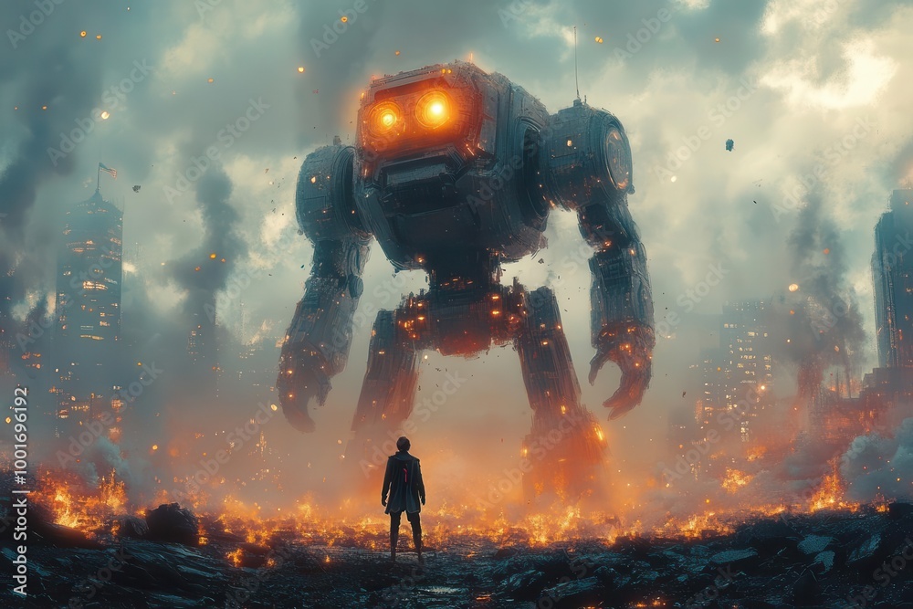 dramatic scene of a robot and human in a tense standoff illustrating ...