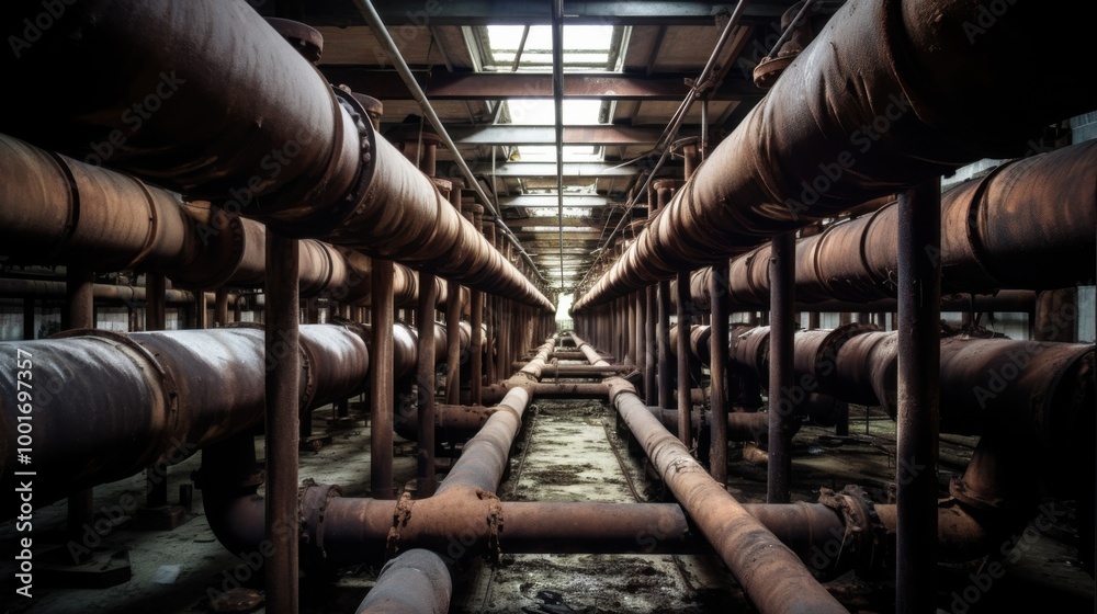 Long, rusted pipes are aligned in rows within an abandoned facility ...