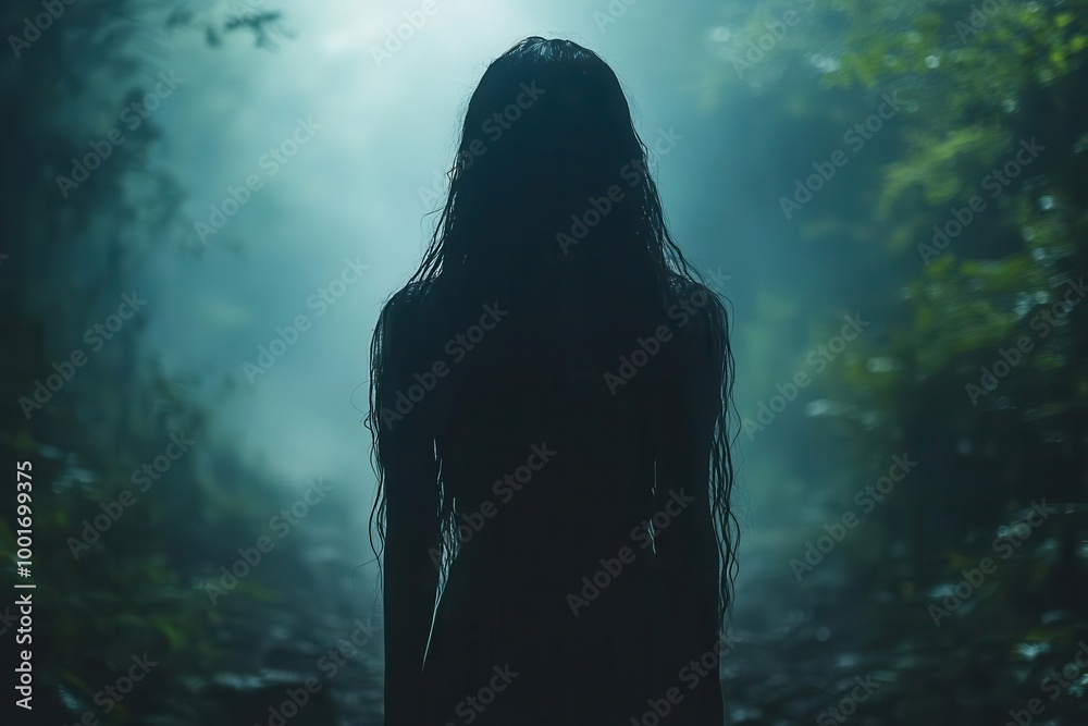 eerie silhouette of a terrifying female ghost with long black hair ...