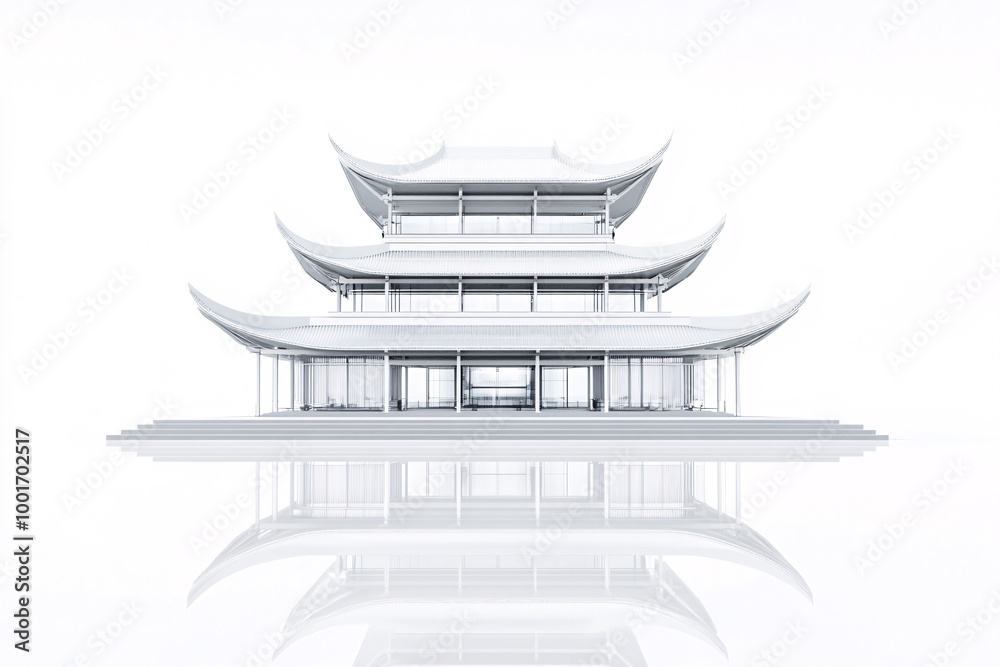 A front view of a 3D-rendered white Asian temple with curved layered ...