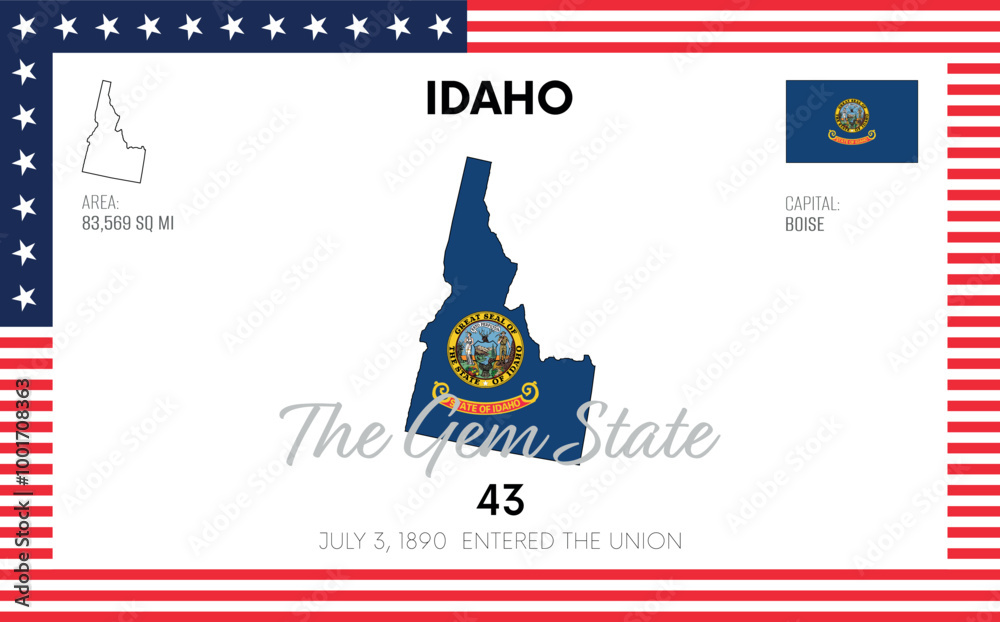 Vector poster background of the US state of Idaho, with name, map ...
