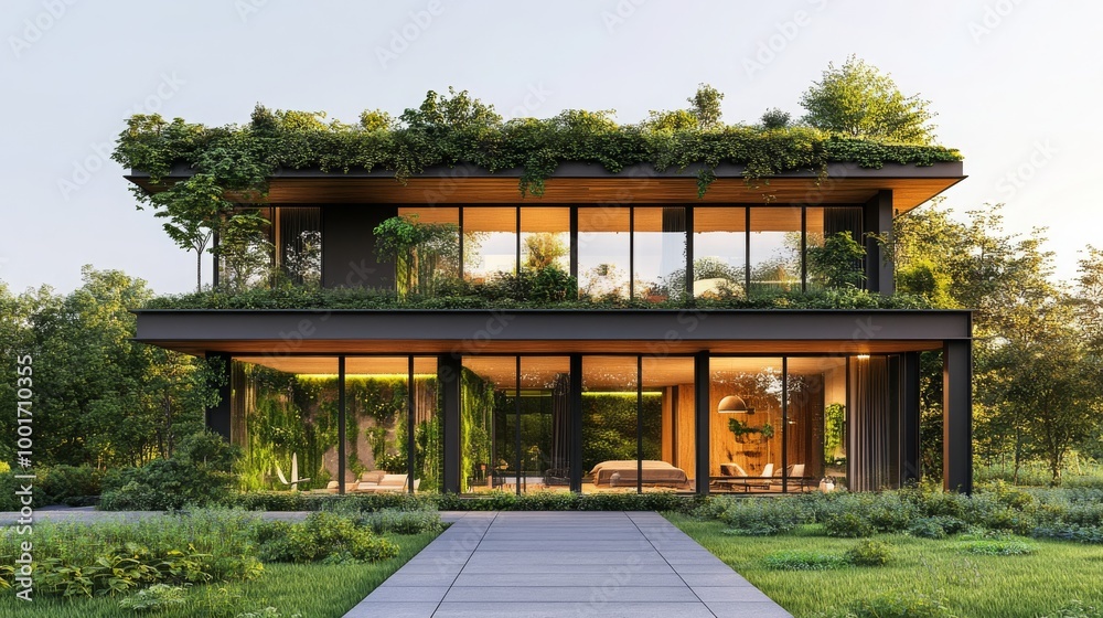 Ecological house featuring solar panels and a sustainable design with a ...