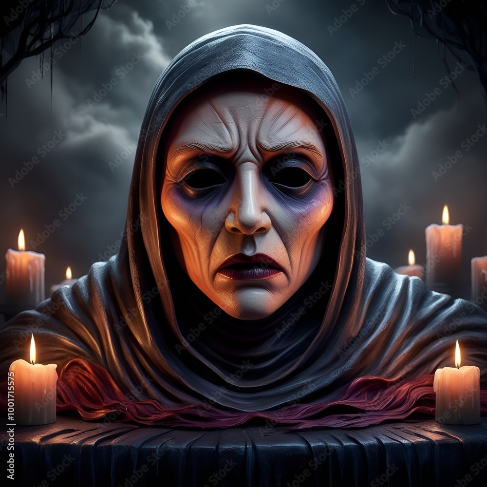 scary dead woman's head of despair and loneliness in her face, nun mask ...