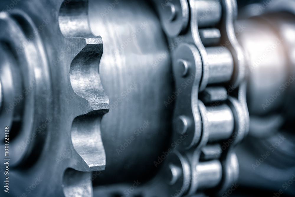 Gear chain drive shaft in conveyor belt is on production line. Timing ...