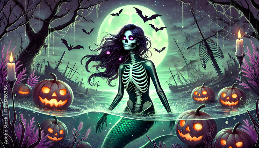 Skeleton Mermaid with Glowing Eyes and Jack-o-Lanterns in Spooky ...