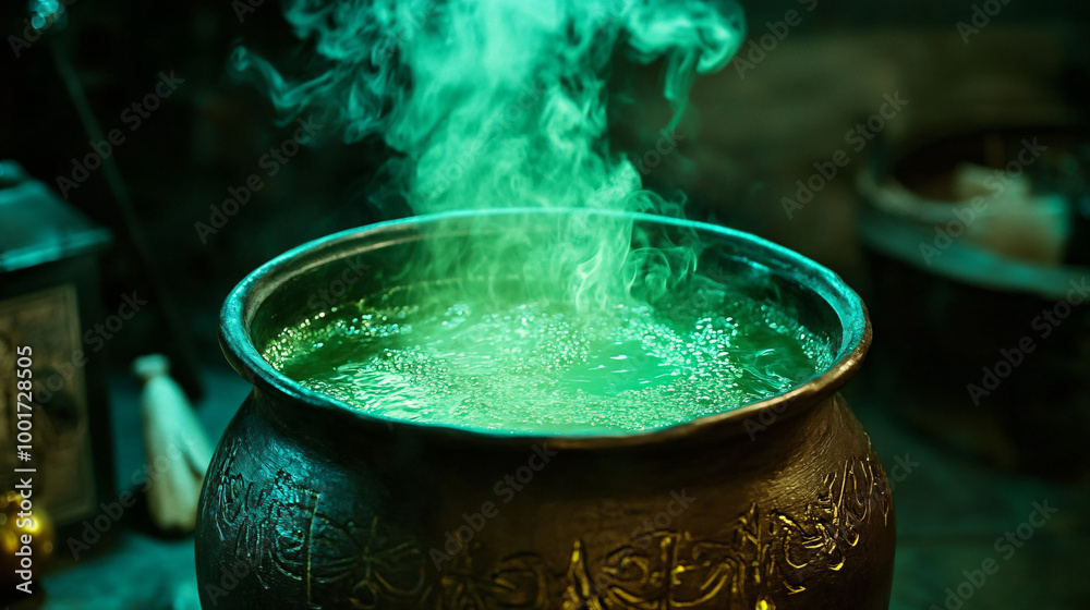 Witch’s Cauldron with Green Smoke and Magical Glow A cauldron with ...