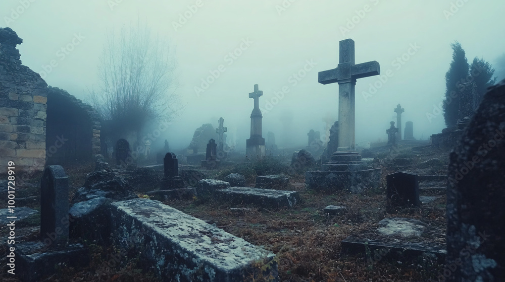 Graveyard with Ghosts and Crosses An ancient cemetery with ghosts ...