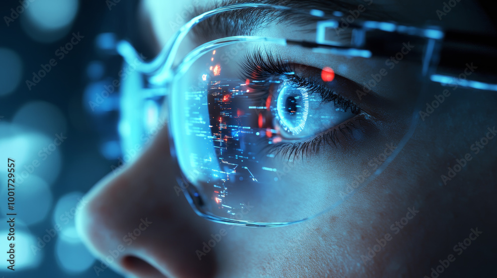 Illustrate augmented reality (AR) glasses or digital interfaces, with ...