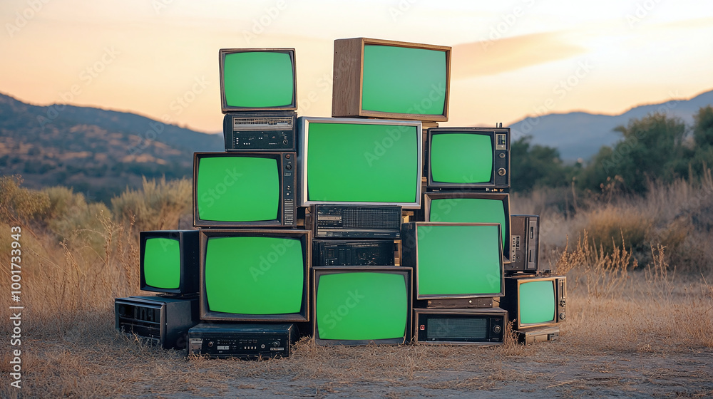 stacks of old classical tv green screen monitors outdoors stack of old ...