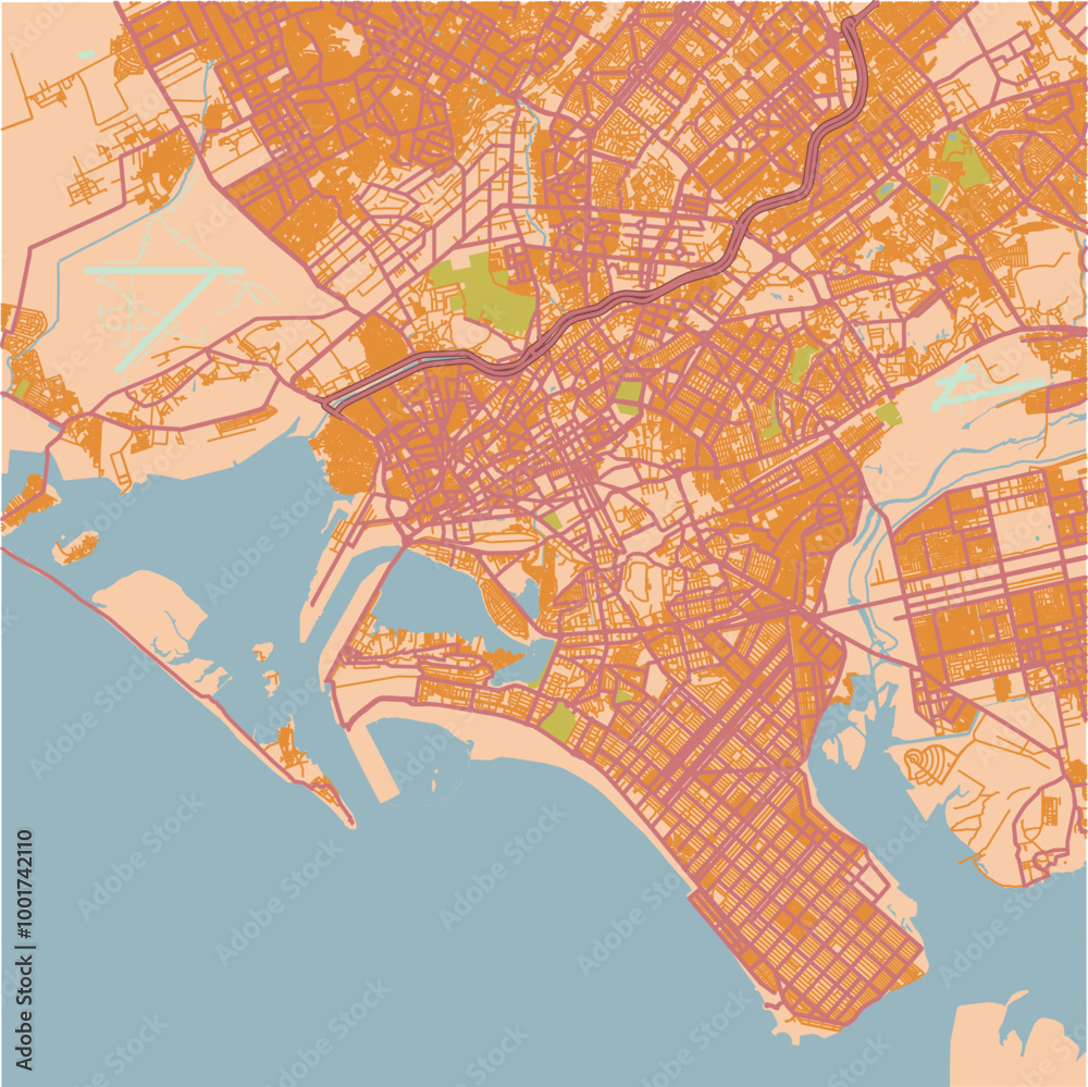 Map of Karachi in Pakistan in a sandy theme. Contains layered vector ...