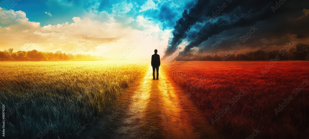 A silhouette of a person standing at a crossroads, with one path ...