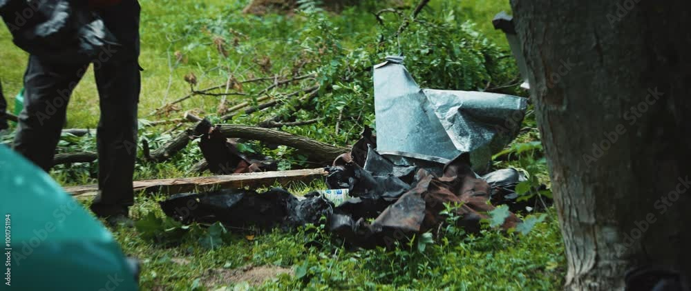 Missile fragment lying on grass after being shot down by air defense ...