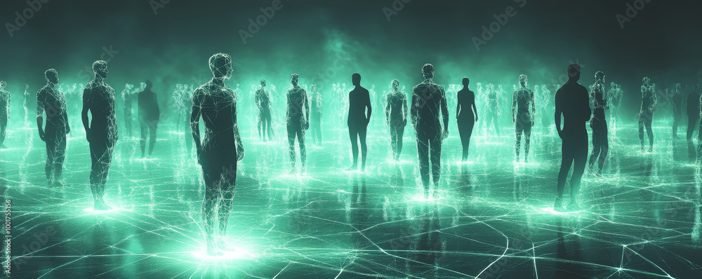 Connected by glowing pathways, human figures in silhouette create mesmerizing scene. ethereal ...