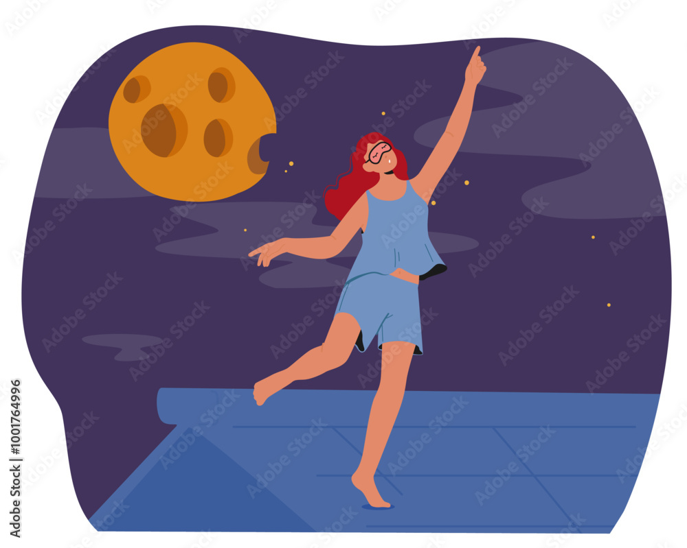 Cartoon Woman Is Sleepwalking On A Rooftop Under The Glow Of A Full ...