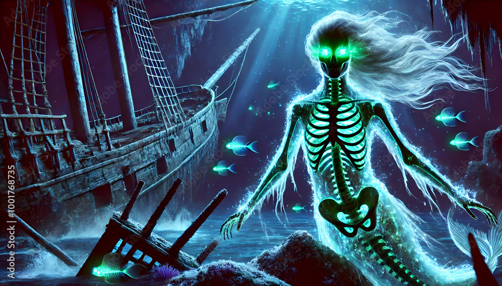 Haunting Mermaid with Glowing Skeleton Swimming Through Sunken Ruins ...