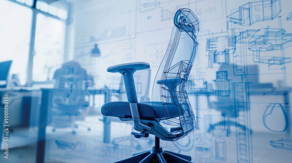 An office chair with an ergonomic design, set against a wall with ...