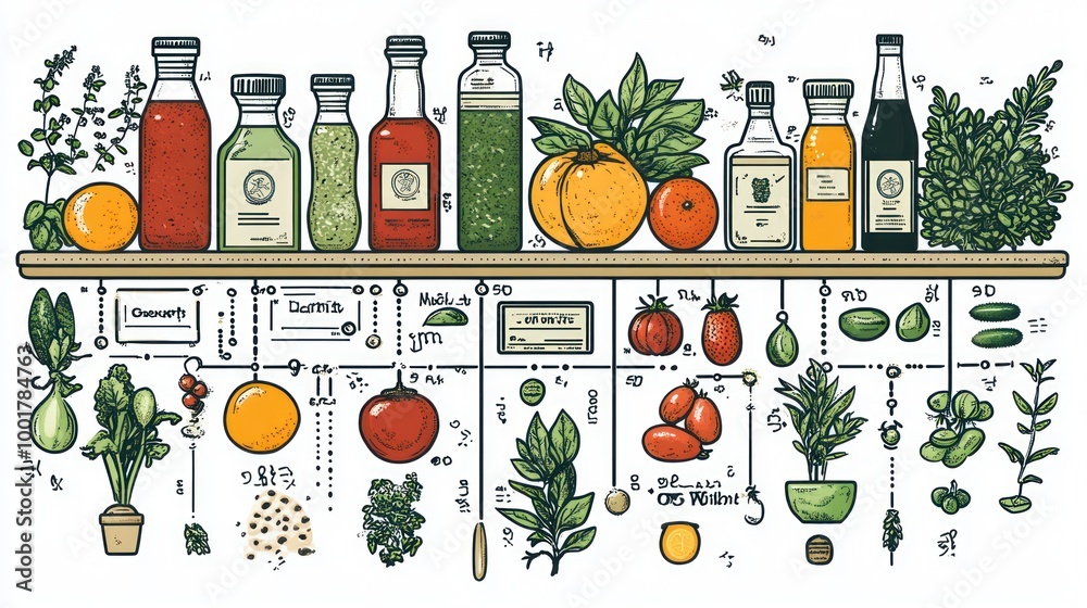 Illustration of a shelf with bottles of different juices and ...