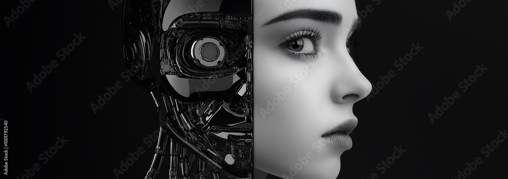 female humanoid robot with half its face being human and the other side ...