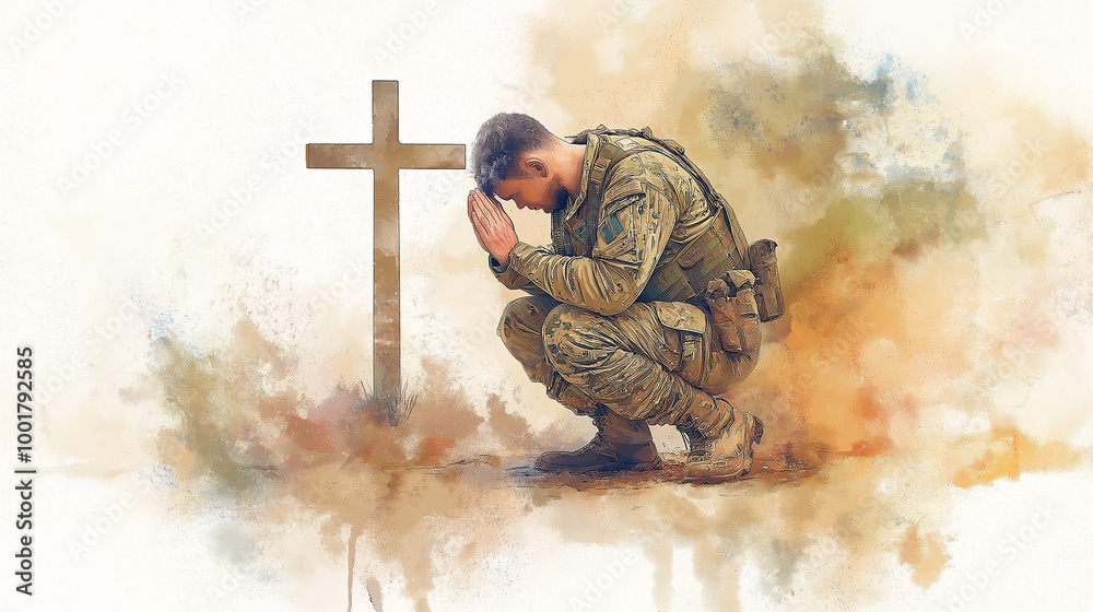 Soldier in camouflage kneels in prayer amidst ruins of war, seeking ...