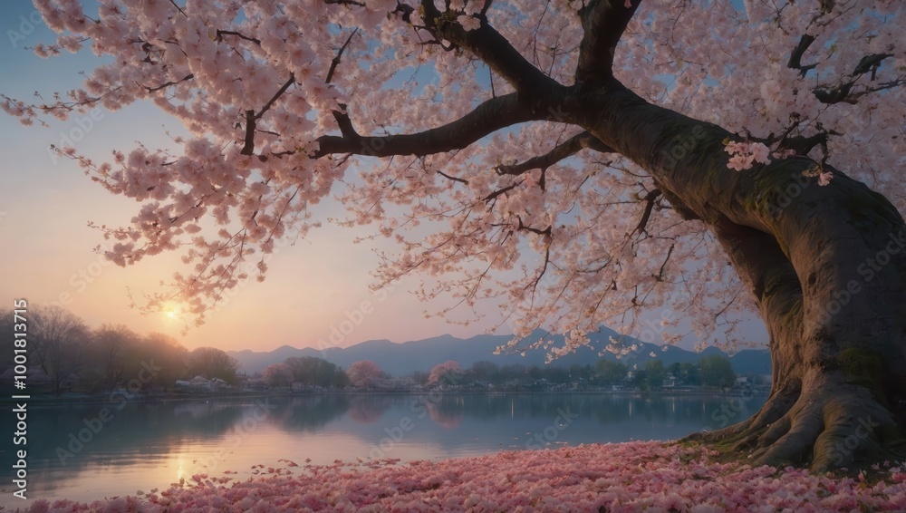 Serene cherry blossom tree with weeping branches hanging over a calm ...