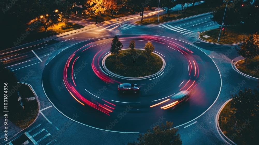 A car stopped at a roundabout with several exits, symbolizing the ...