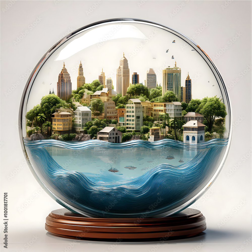 Crystal Ball Foreseeing the Future of Nature: City Flooded with Water ...