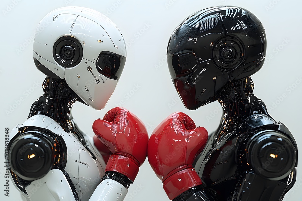 Two humanoid robots, black and white, compete in a boxing match, the ...