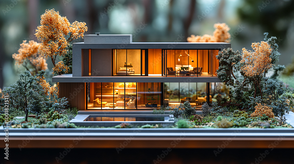 Architectural Model of a Luxury Modern Home with Open Glass Windows and ...